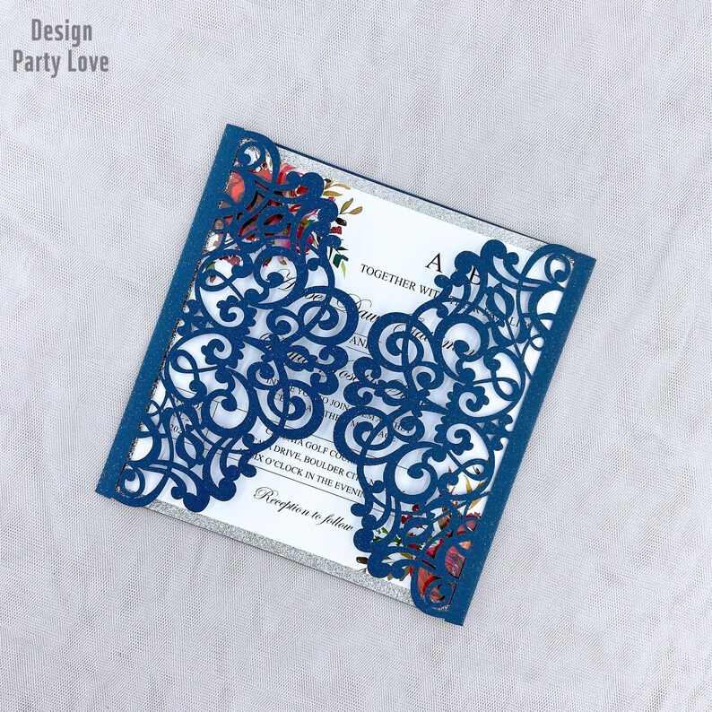 Classic Navy Blue Laser Cut Wedding Invitation Romantic Laser - Etsy