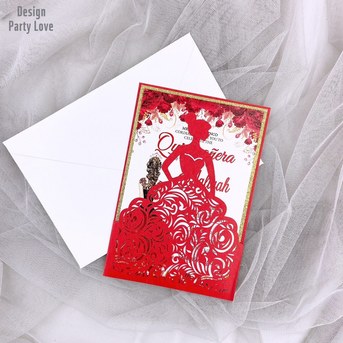 Red XV Girl Laser Cut Invitations, Quinceañera Girl in Dress Invitation ...