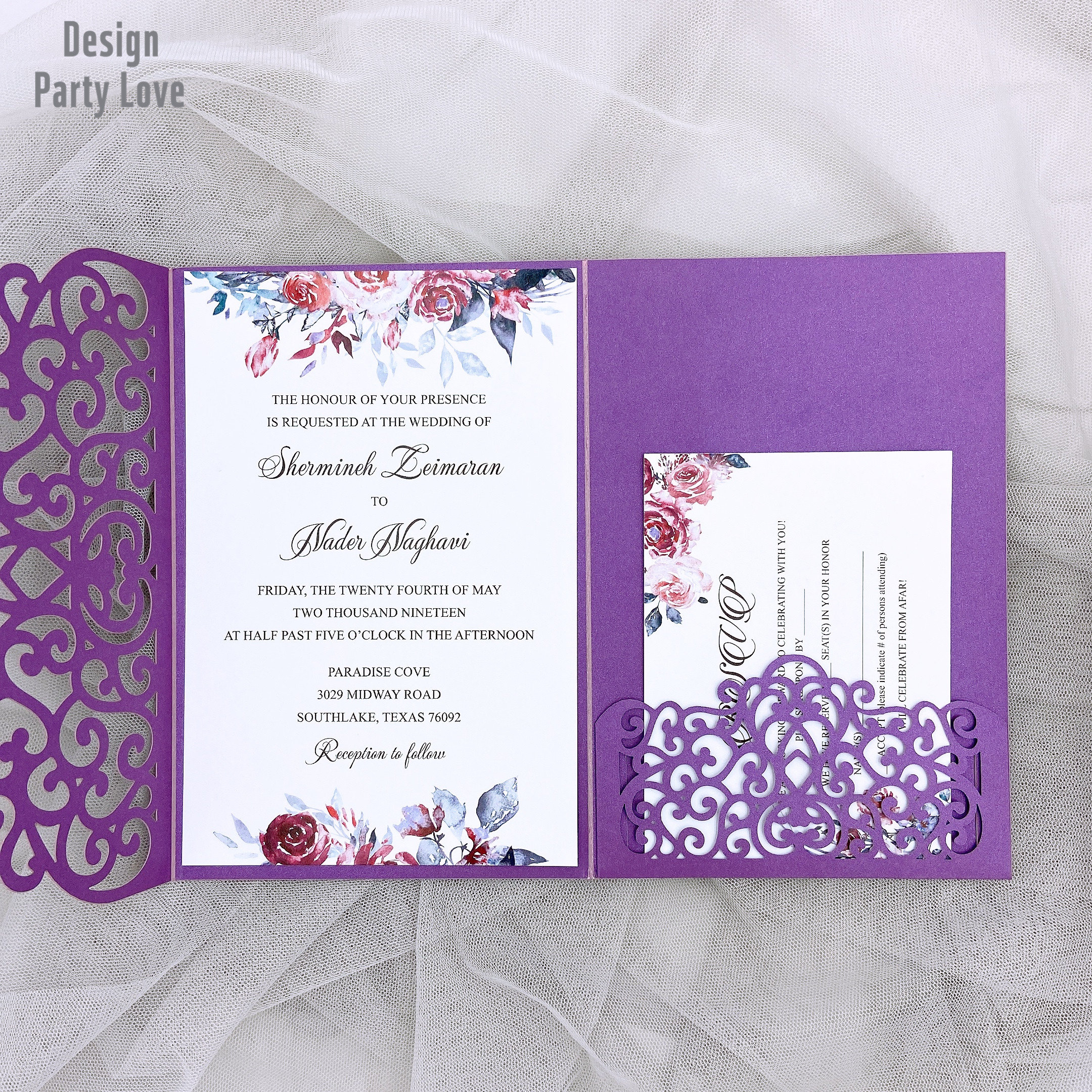 Romantic Purple Laser Cut Wedding Invites, Floral Laser Pocket With ...
