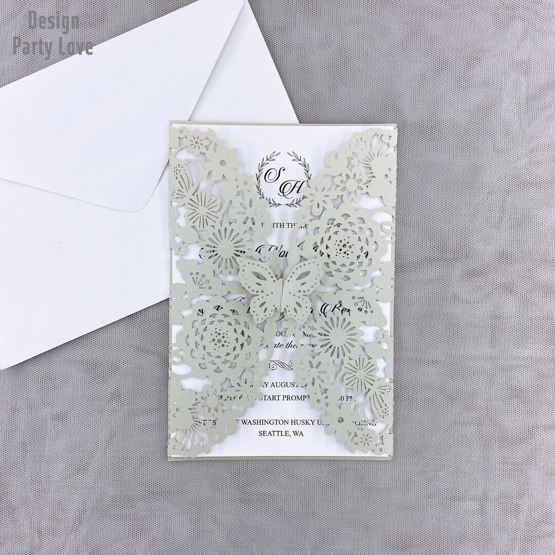 Gray Laser Cut Wedding Invitation Kit, Spring Wedding Laser Cut ...