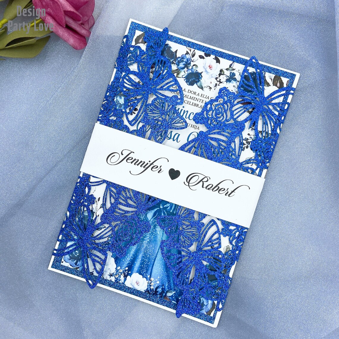 Glitter Royal Blue Butterfly Laser Cut Invitations Cards - Etsy