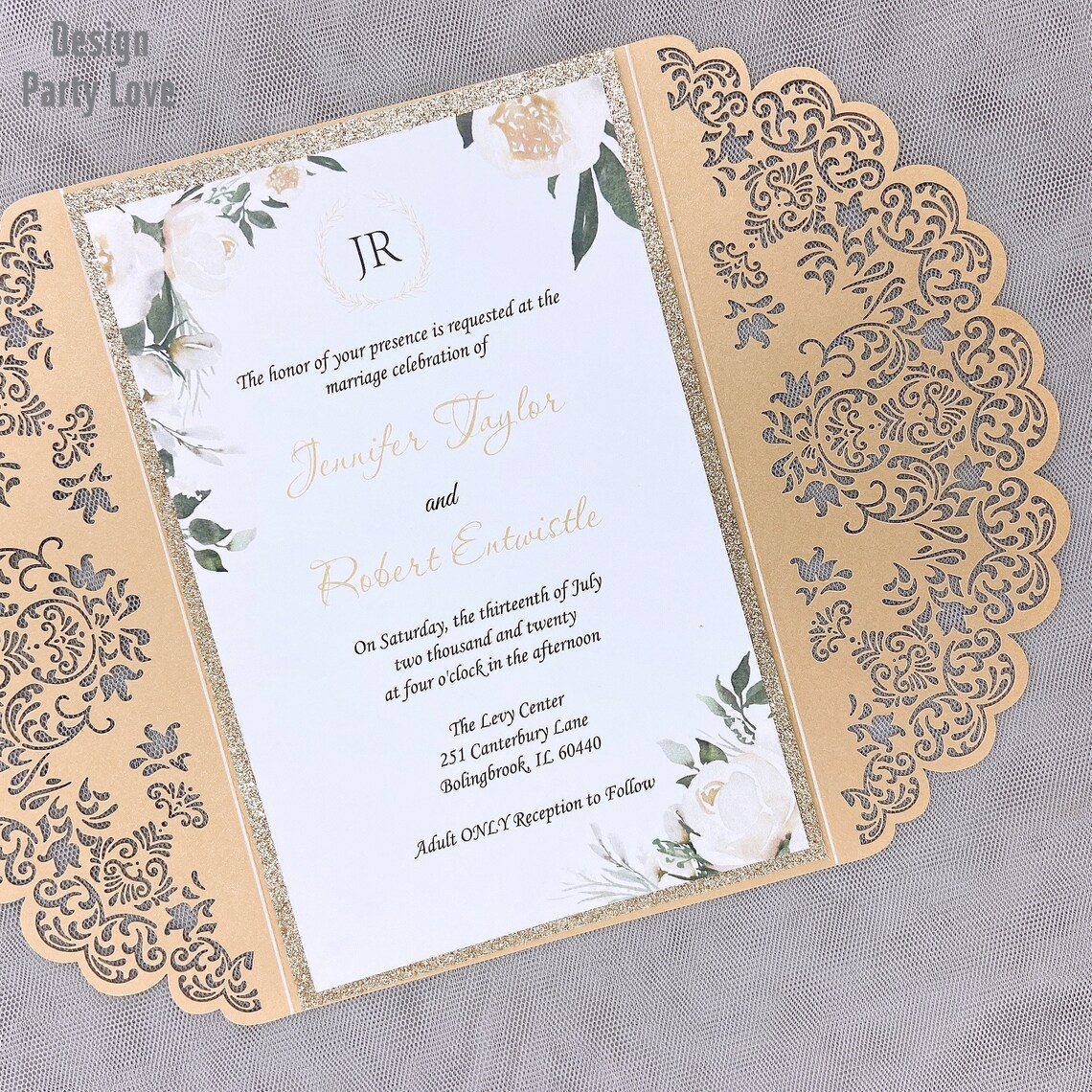 Dark Gold Laser Cut Invitations Card With Belly Band for Wedding Bridal ...