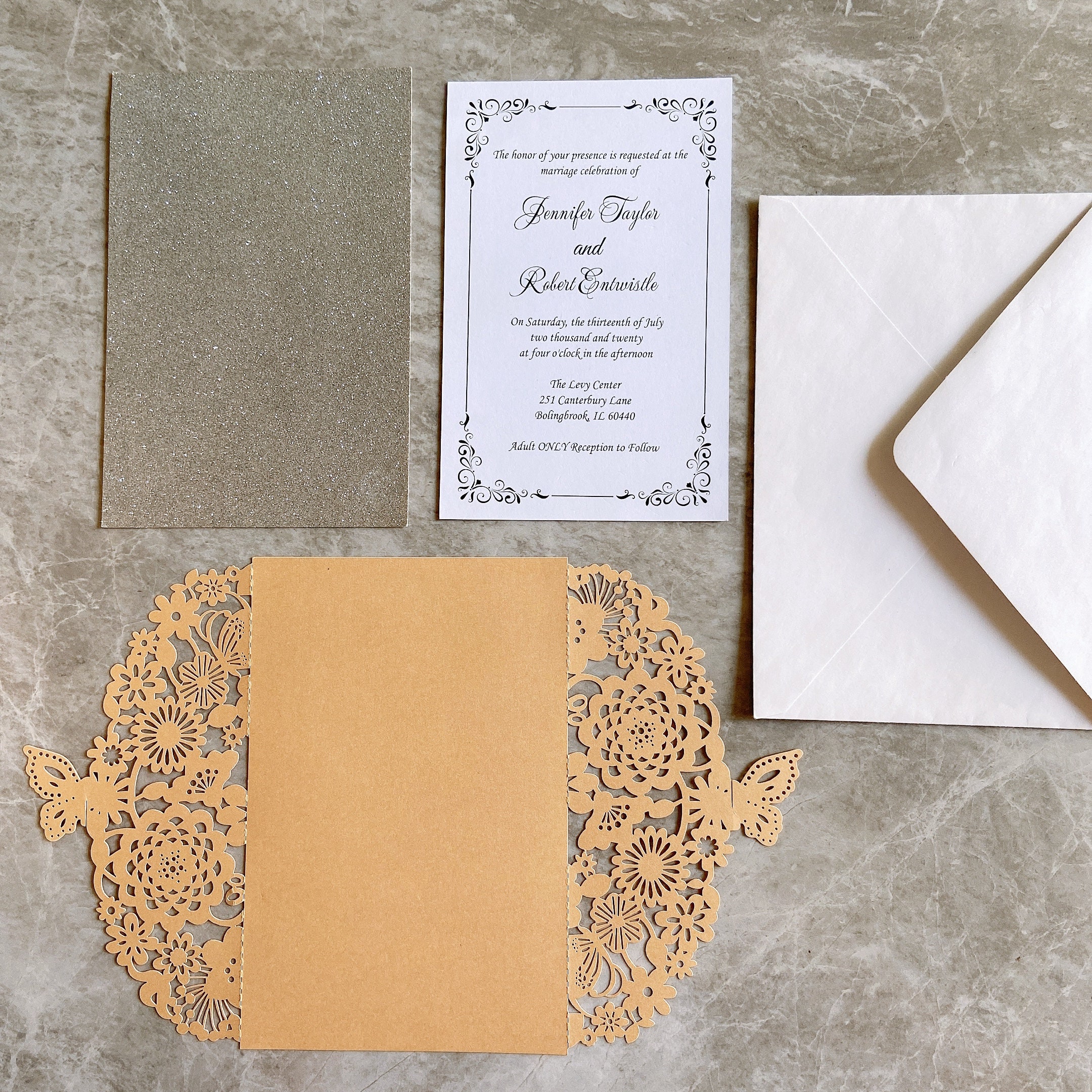 Dark Gold Laser Cut Wedding Invitation Kit, Spring Wedding Laser Cut ...