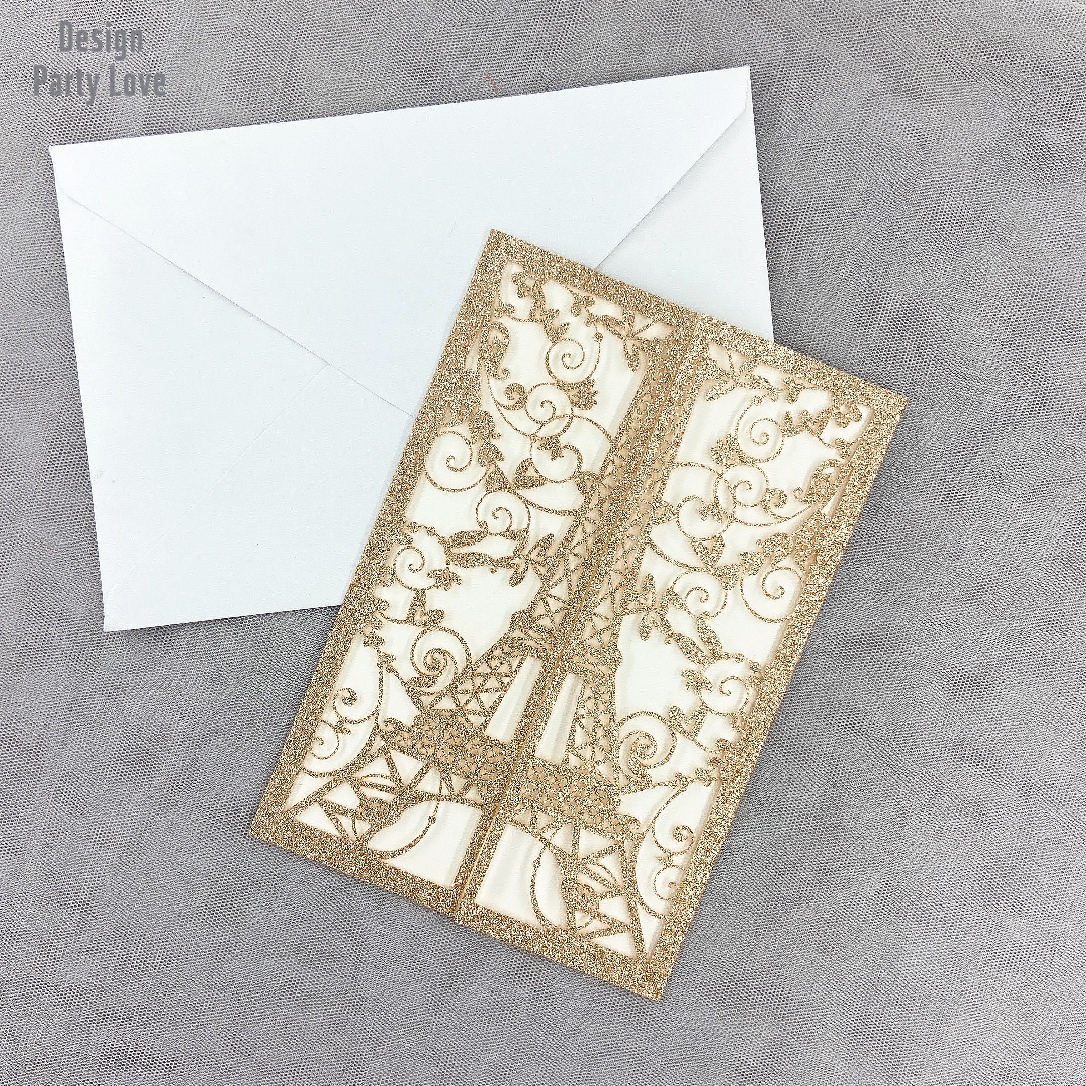 Glitter Rose Gold Paris Laser Cut Invitations, Shimmery Paris ...
