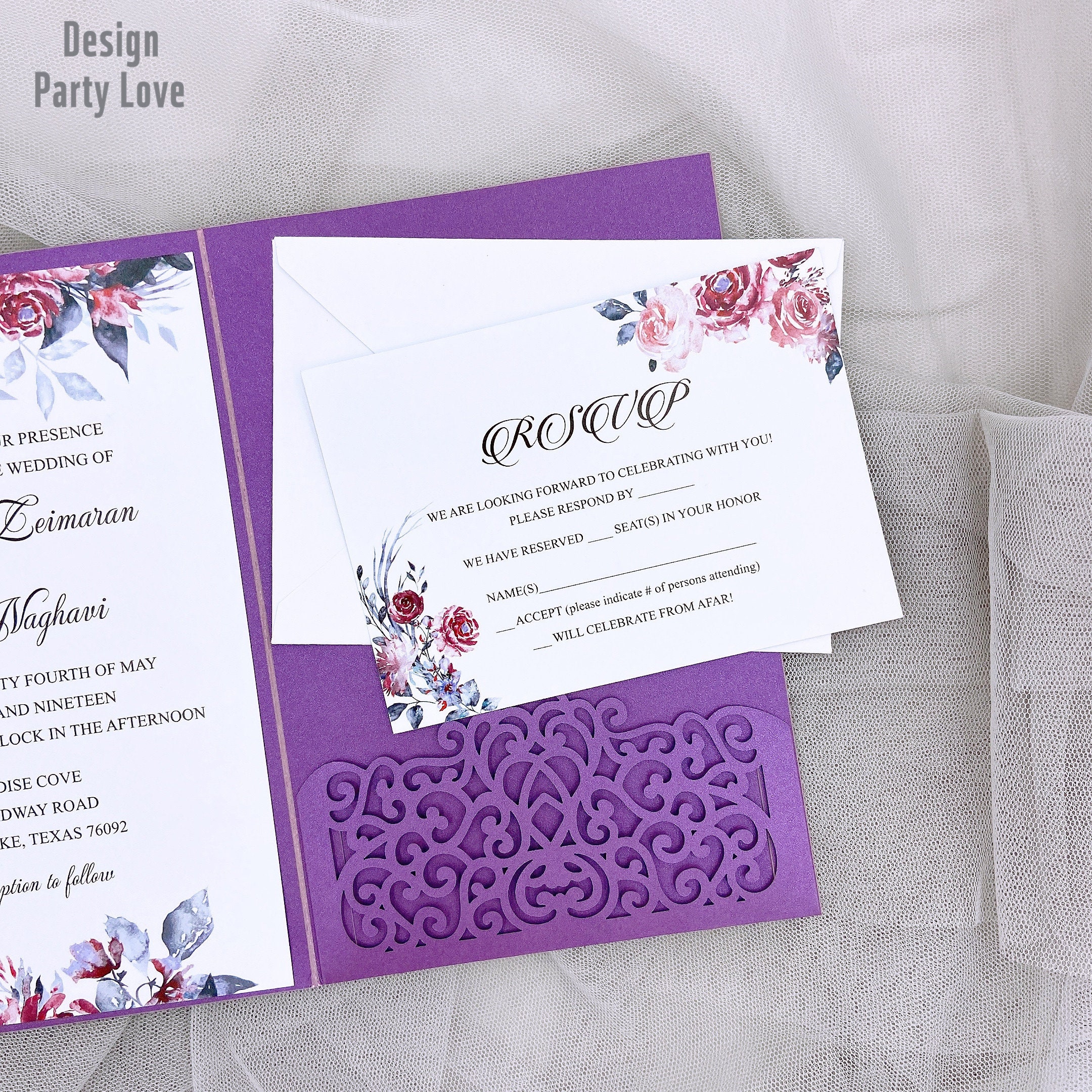 Romantic Purple Laser Cut Wedding Invites, Floral Laser Pocket With ...