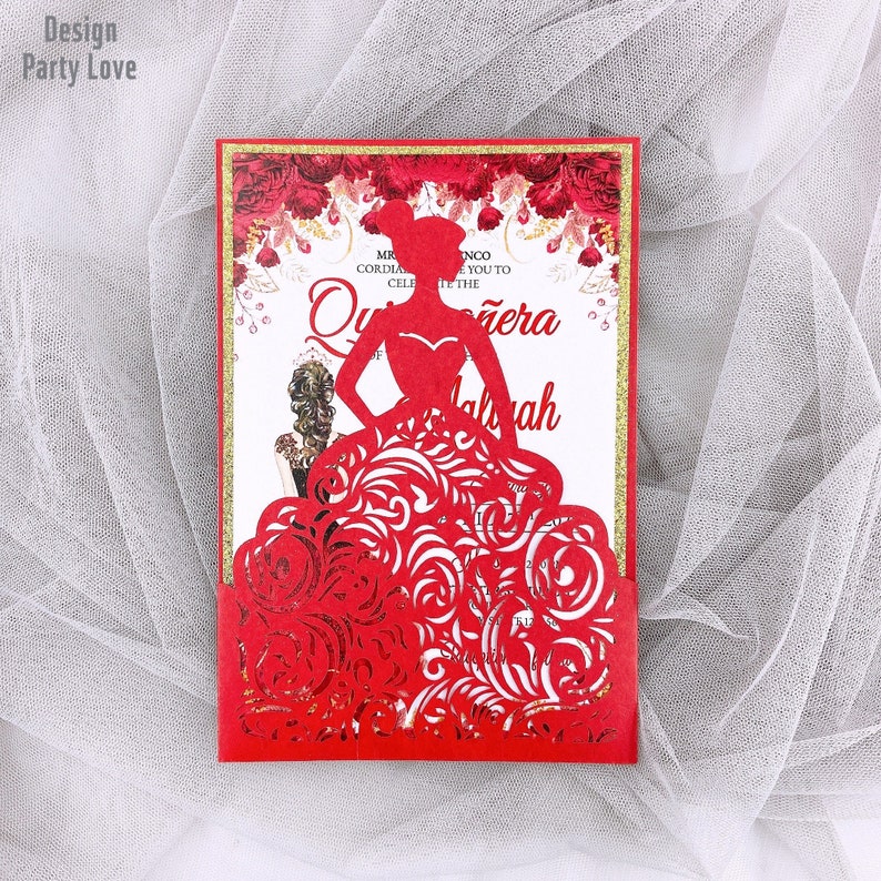 Red XV Girl Laser Cut Invitations, Quinceañera Girl in Dress Invitation ...