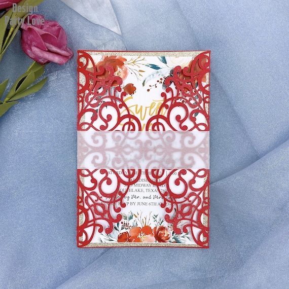 Red Laser Cut Wedding Envelopes Luxury Glitter Laser Cut Pocketfold