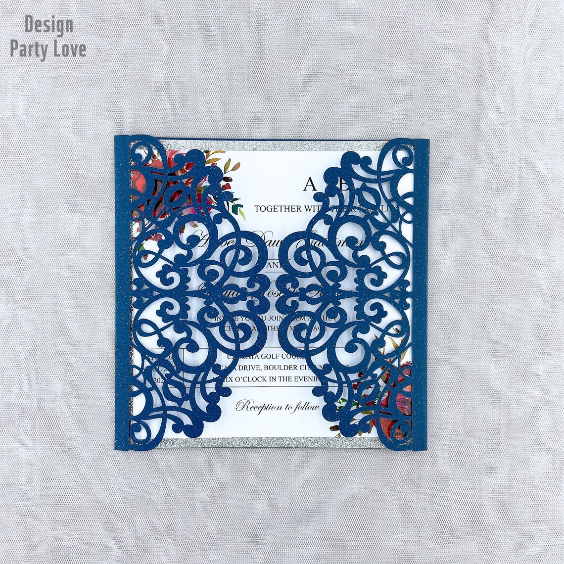 Classic Navy Blue Laser Cut Wedding Invitation Romantic Laser - Etsy