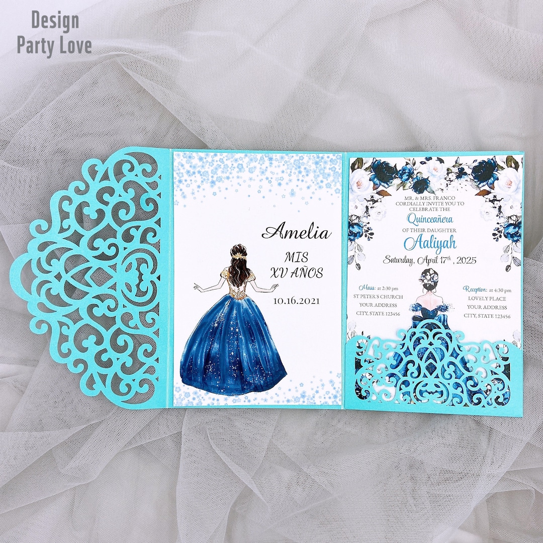 Romantic Sapphire Blue Laser Cut Wedding Invites, Floral Laser Pocket ...