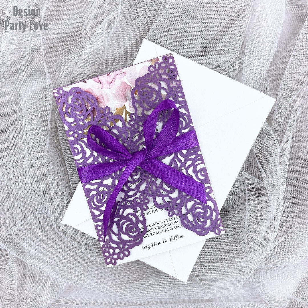 Quinceanera Purple Laser Cut Wedding Invitation, Rose Laser Cut Pocket ...