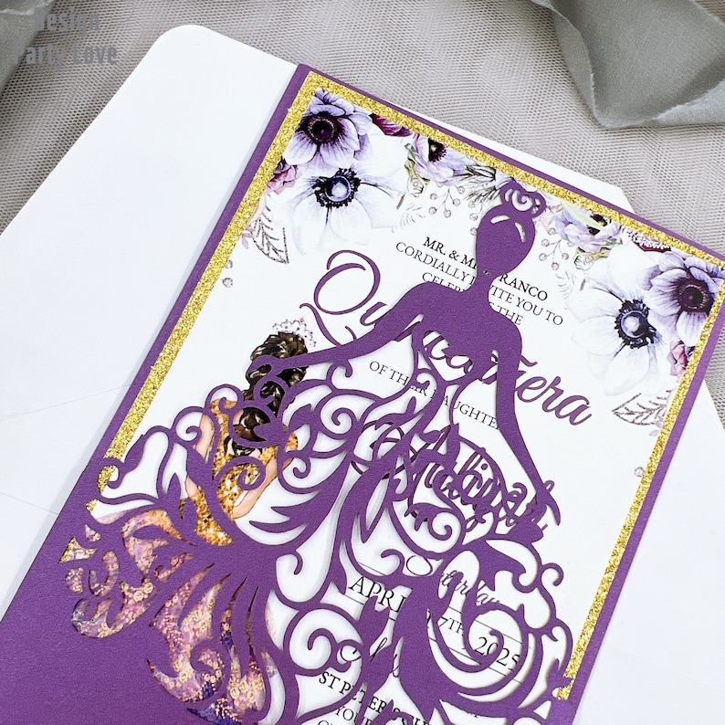 Dark Purple Dress Laser Cut Invitations Cards Invitation Quinceanera ...
