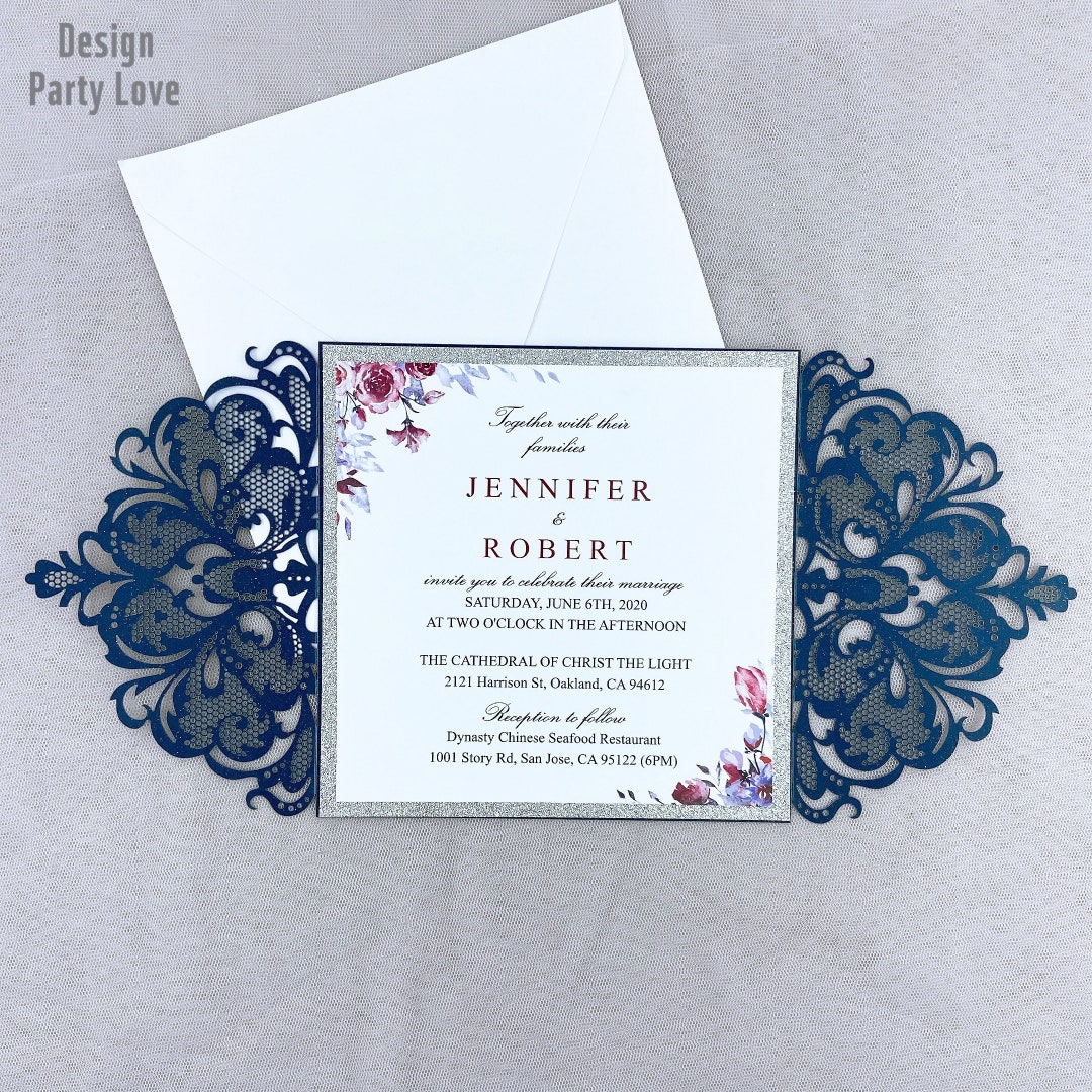 European Style Lace Wedding Invitations Cards Dark Navy Laser Greeting ...