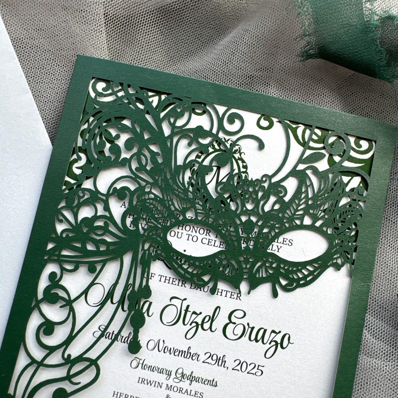 Emerald Green Laser Cut Invitation Pockets for Quinceanera, Masquerade ...