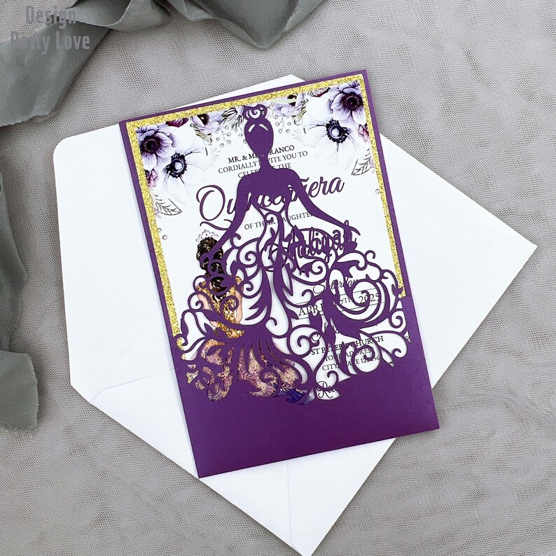 Dark Purple Dress Laser Cut Invitations Cards Invitation Quinceanera ...