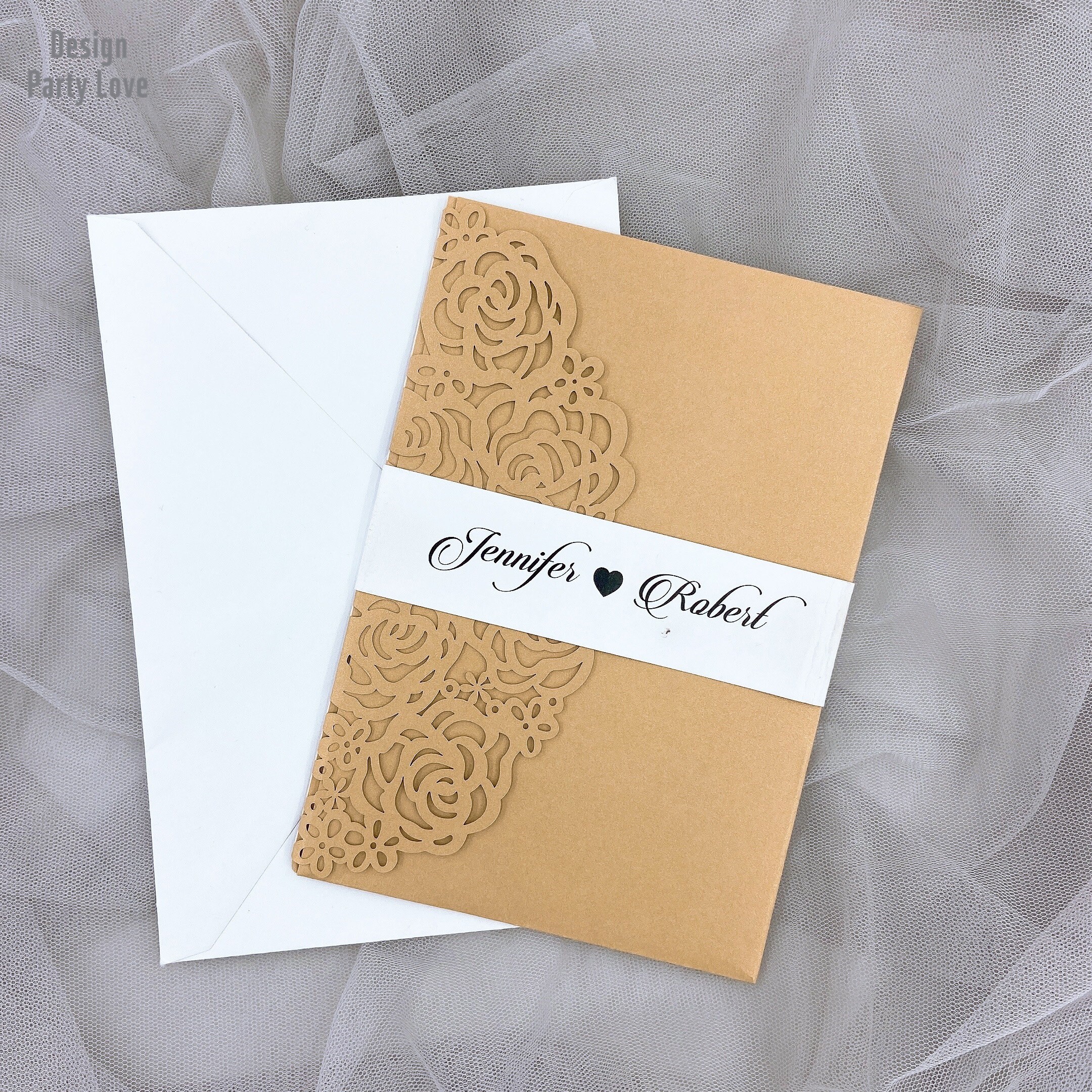 Laser Cut Wedding Invitations Dark Gold, Laser Cut Pocket Wedding ...