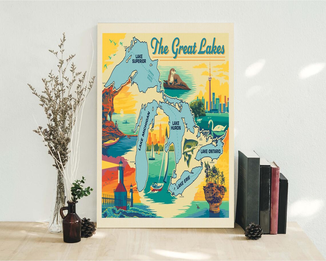 The Great Lakes Map Travel Poster Horizontal Map Print | Etsy