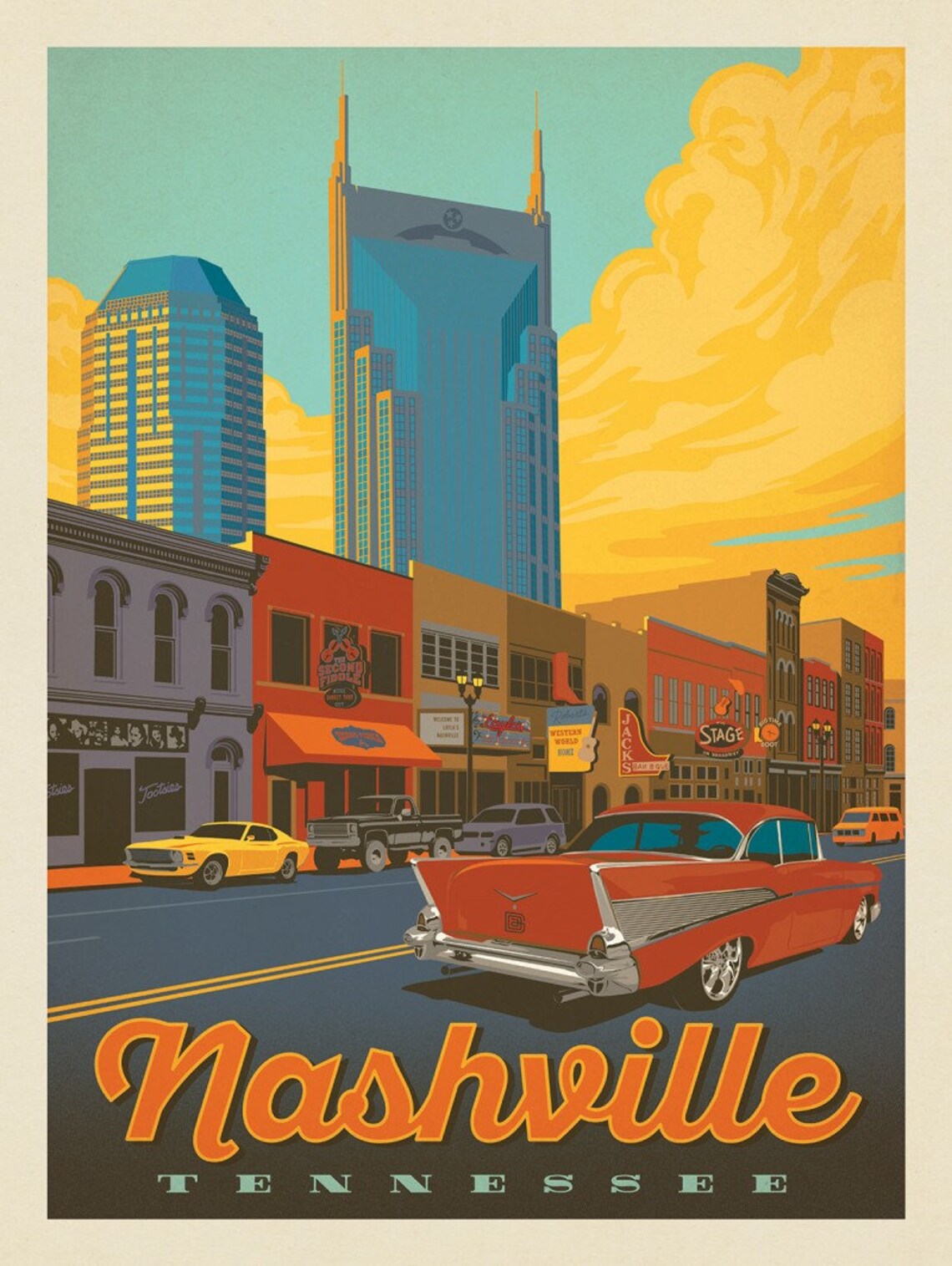 Nashville Tn Travel Poster Broadway Sunset Print Art Vintage Etsy