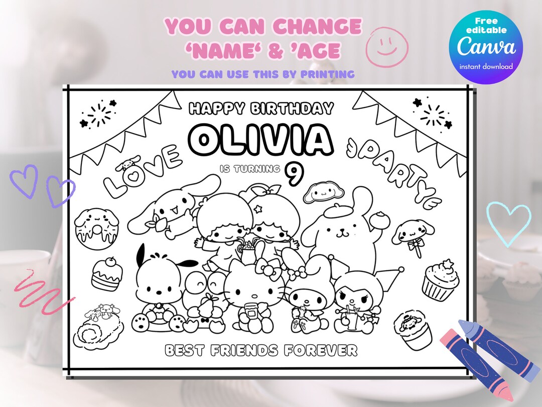 Kitty Friends Birthday Coloring, S-nrio Friends Canva Birthday Favor ...