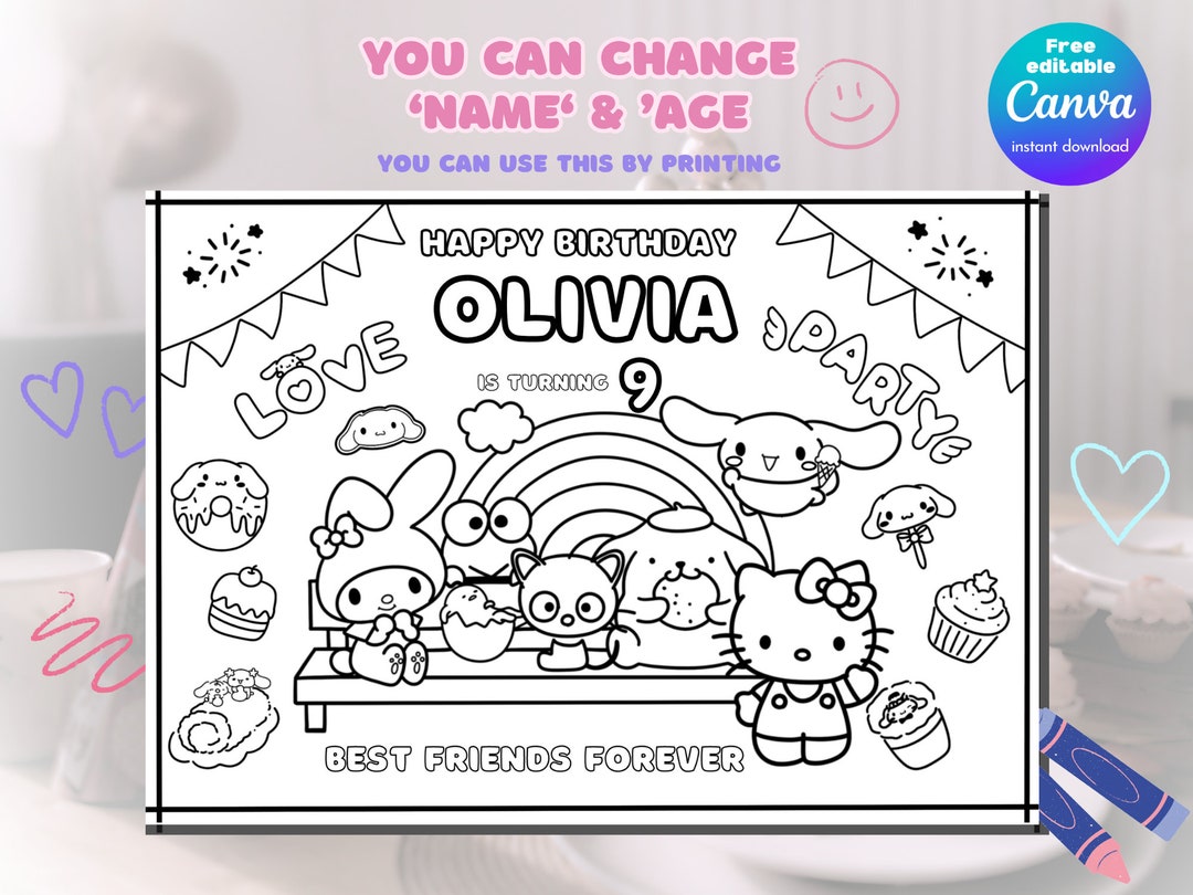 Kitty Friends Birthday Coloring, S-nrio Friends Canva Birthday Favor ...