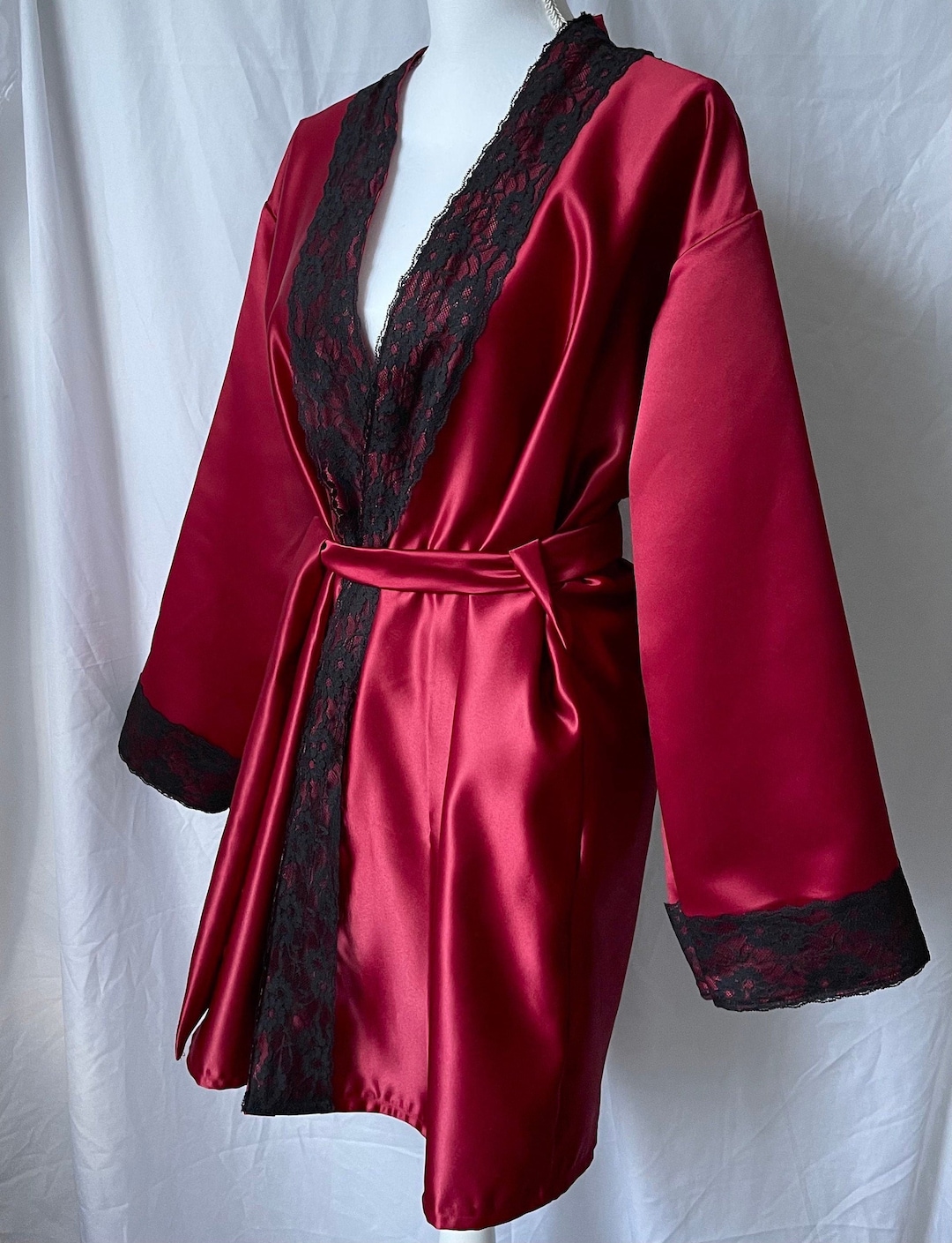 Ruby Wine Red Cherry Valentines Satin Dressing Gown Robe With Silky ...