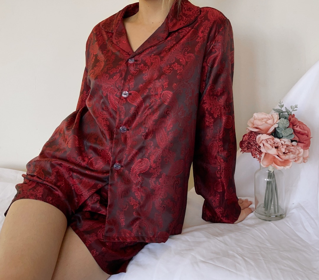 Ruby Red Burgundy Paisley Print Silky Satin Pyjamas Pjs - Etsy