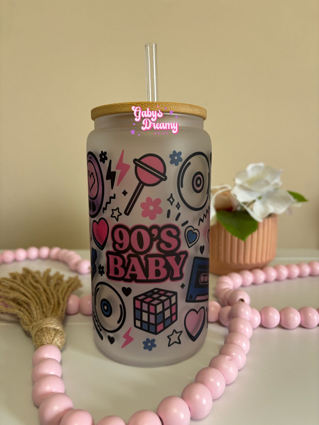 90s Baby Iced Coffee Glass Cup, Retro Glass Cup, 90s Theme Glass Cup ...