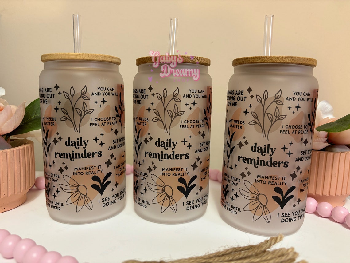 Positive Daily Reminders Glass Cup, Daily Affirmations Glass Cup, Iced ...