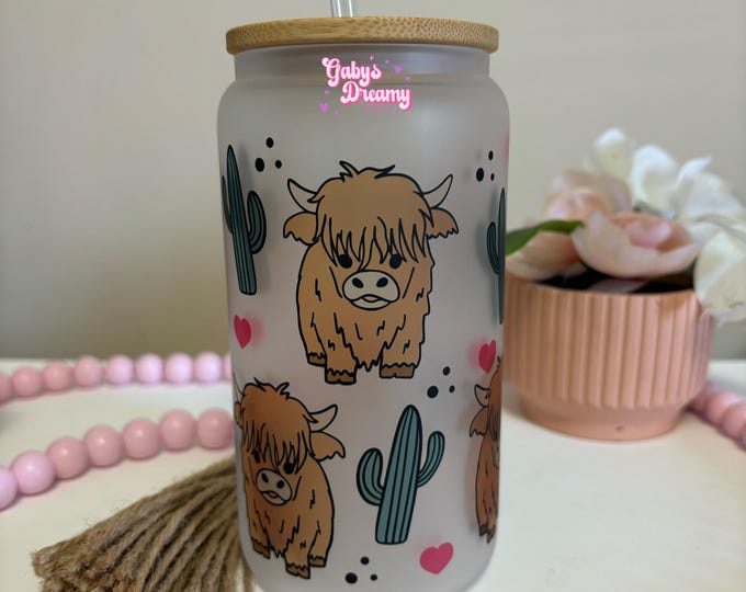 Highland Cow Cactus Iced Coffee Glass Cup With Lid and Straw, Cactus ...