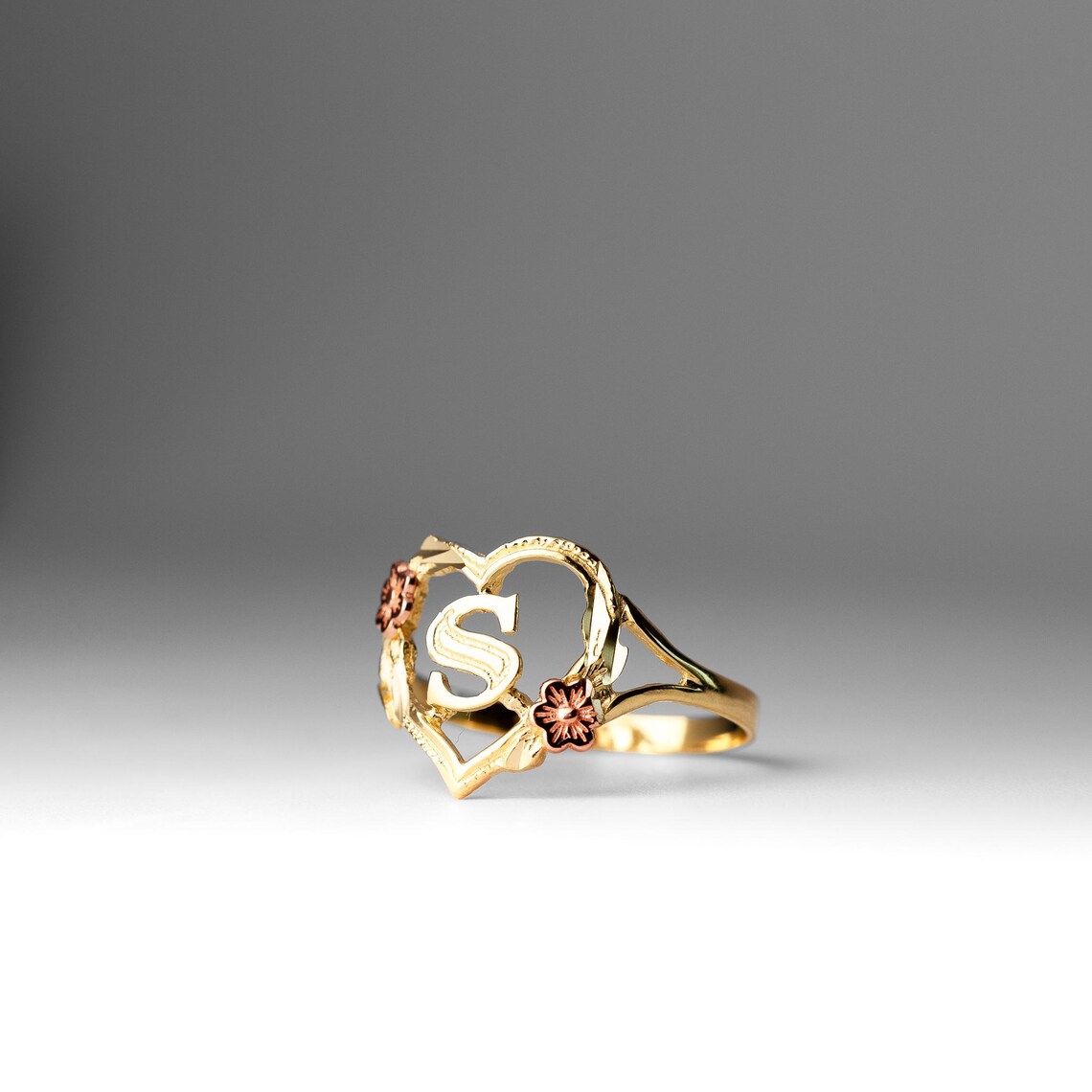 14K Solid Gold Heart Initial Ring - Rose Accent Letter S - Etsy