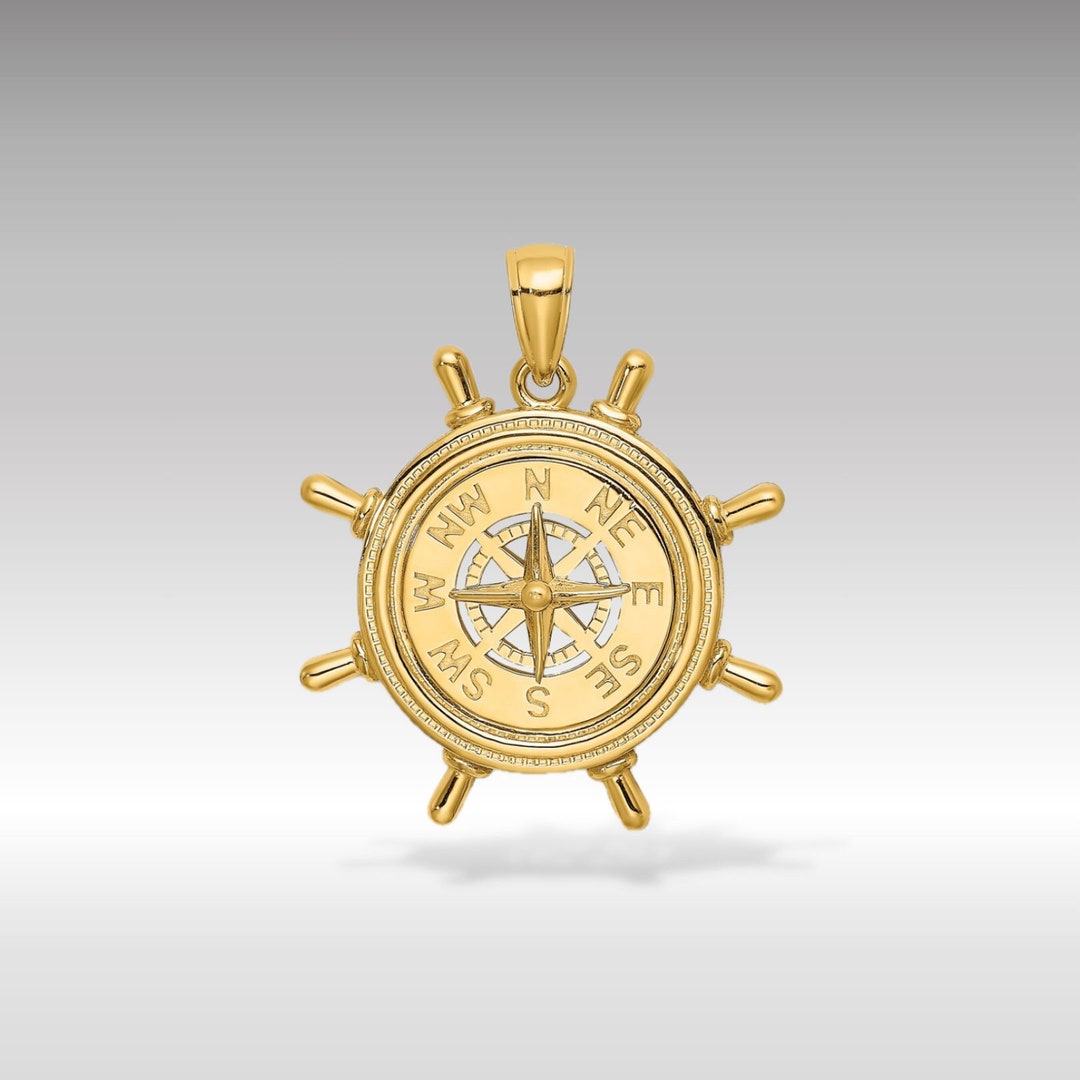 14K Gold Ship's Wheel With Nautical Compass Pendant Charm Real Maritime ...