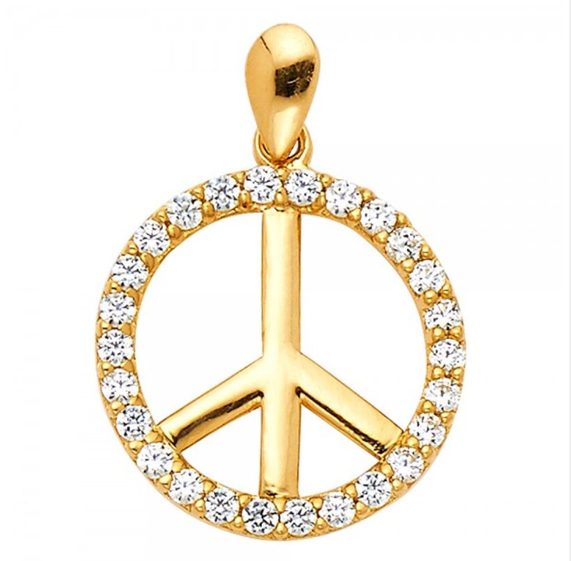 14k Yellow Gold Peace Sign CZ Pendant/charm 100% Real Gold - Etsy