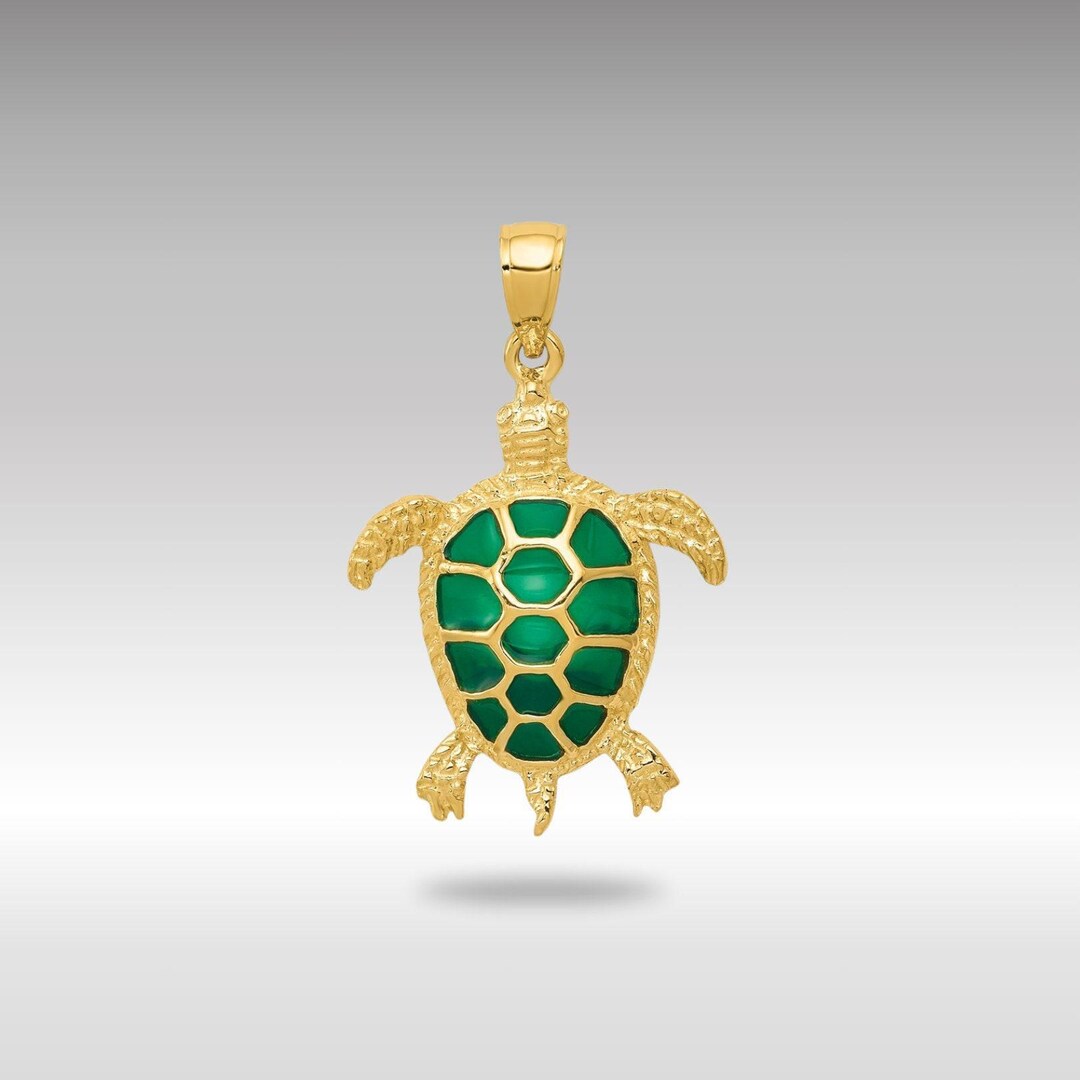 14K Gold Sea Turtle Pendant: Green Enamel Ocean Necklace - Etsy