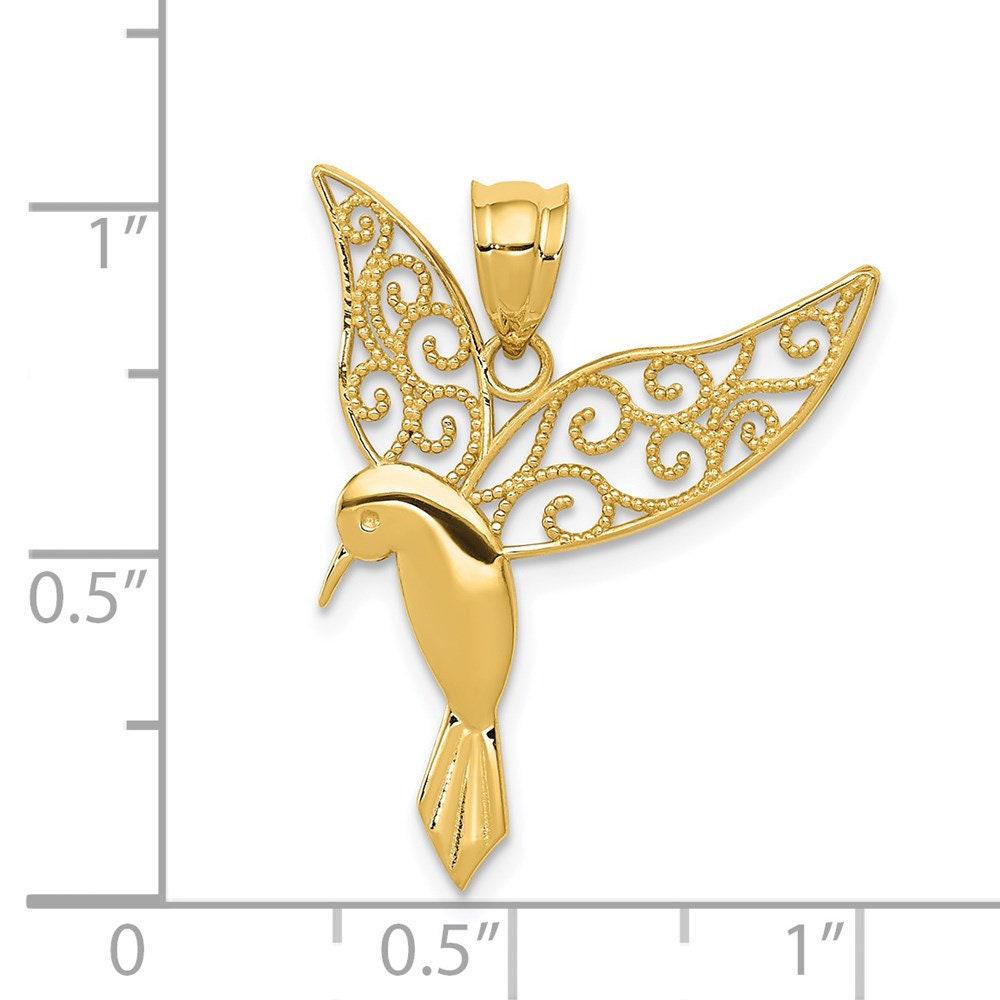 14K Solid Gold Polished Hummingbird Pendant – Delicate Filigree Bird ...