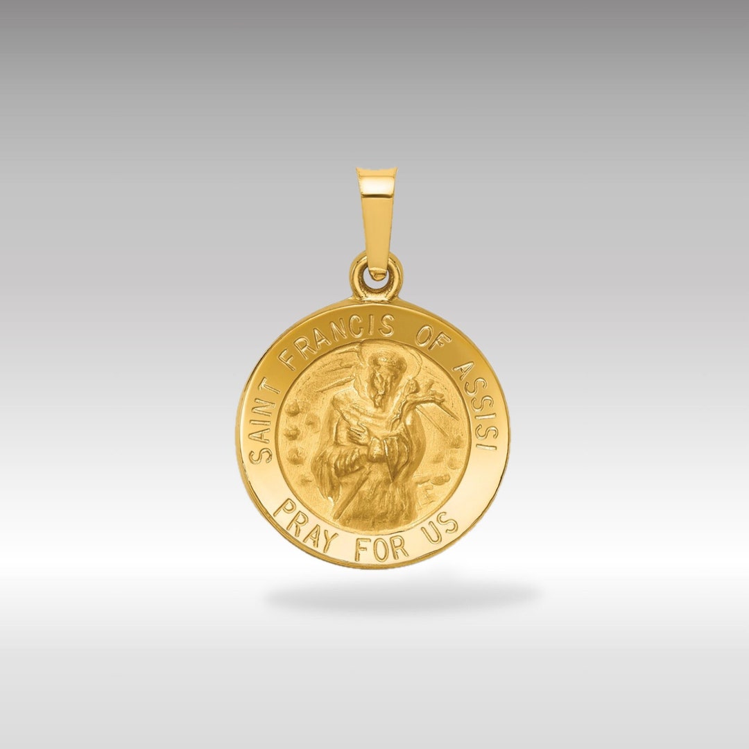 14k Yellow Gold St Francis Of Assisi Hollow Medal Pendant Necklace Polished And Satin Religious