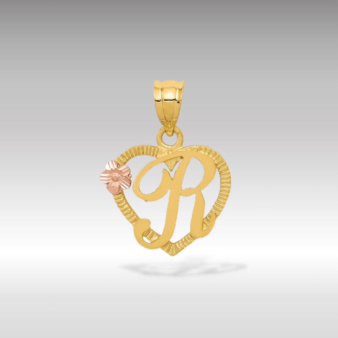 14K Gold Script Letter 'R' Heart Pendant With Floral Accent - Etsy