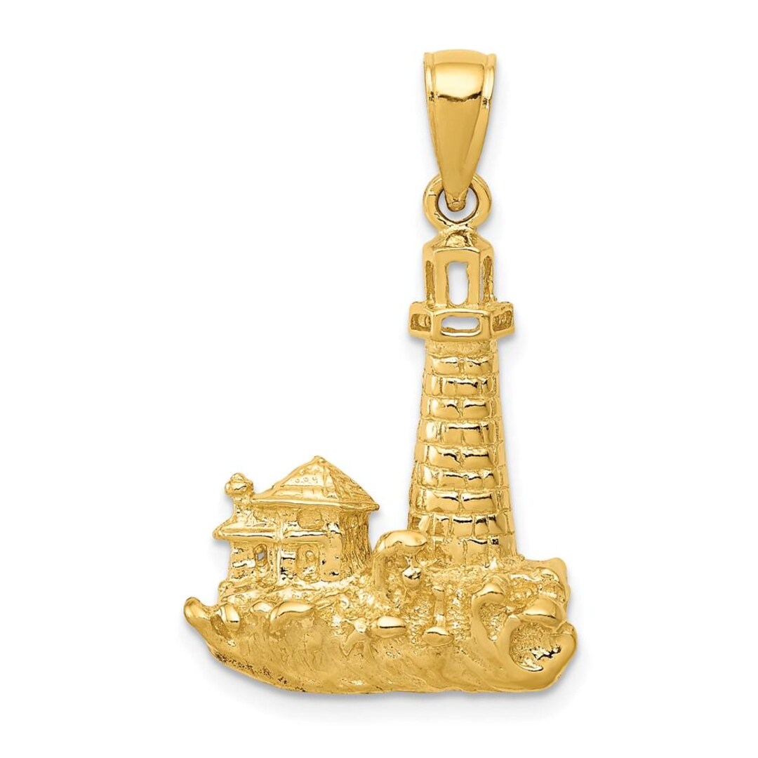 14K Gold Lighthouse Pendant - Coastal Nautical Charm With Cottage ...
