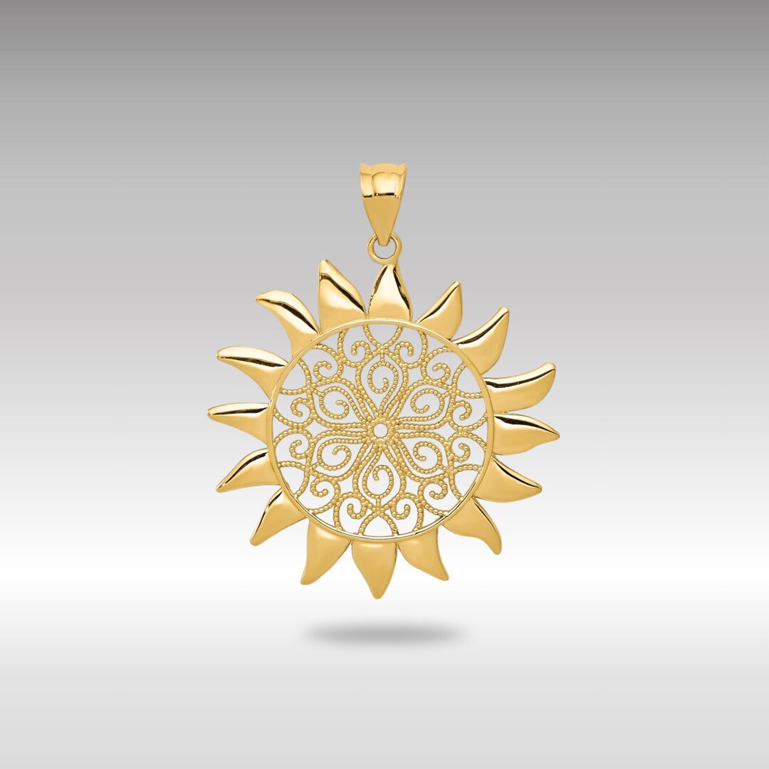 14K Gold Large Filigree Sun Pendant Necklace Elegant Sunshine Charm ...