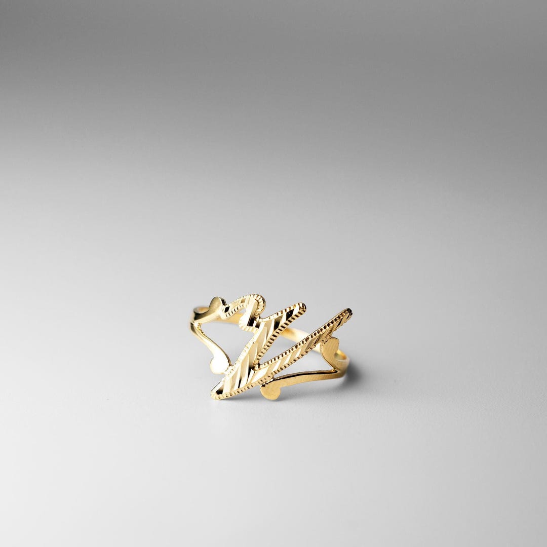 14K Solid Gold "v" Initial Cursive Ring- Real 14k Gold Cursive Initial ...