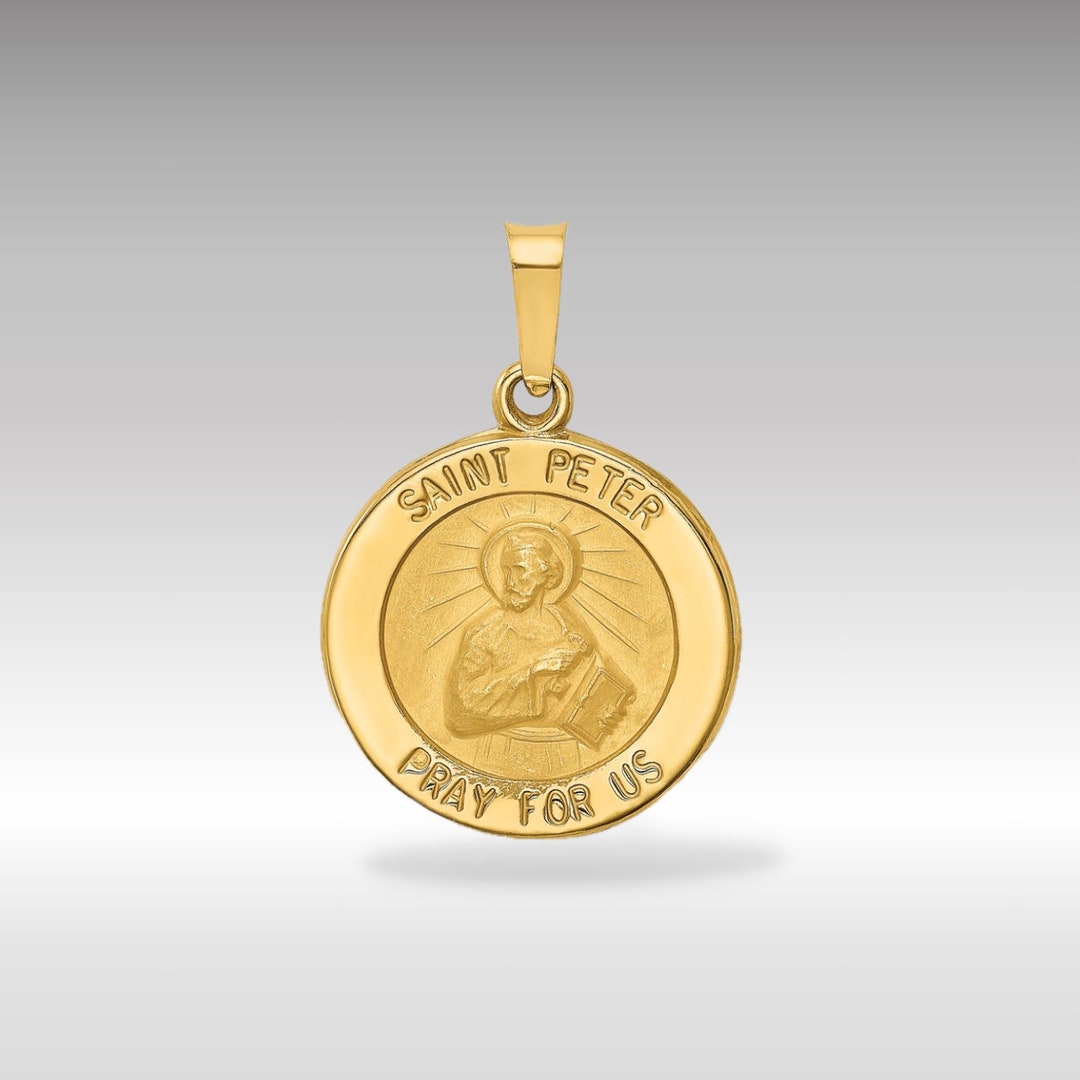 14K Gold St. Peter Medal Hollow Pendant Necklace Polished and Satin ...