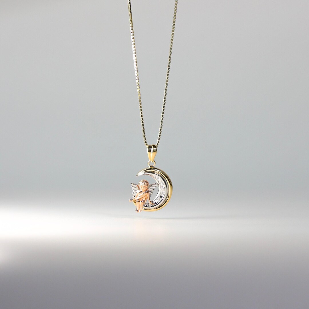 14K Tri-color Gold Angel on Moon Pendant: CZ Accent - Etsy
