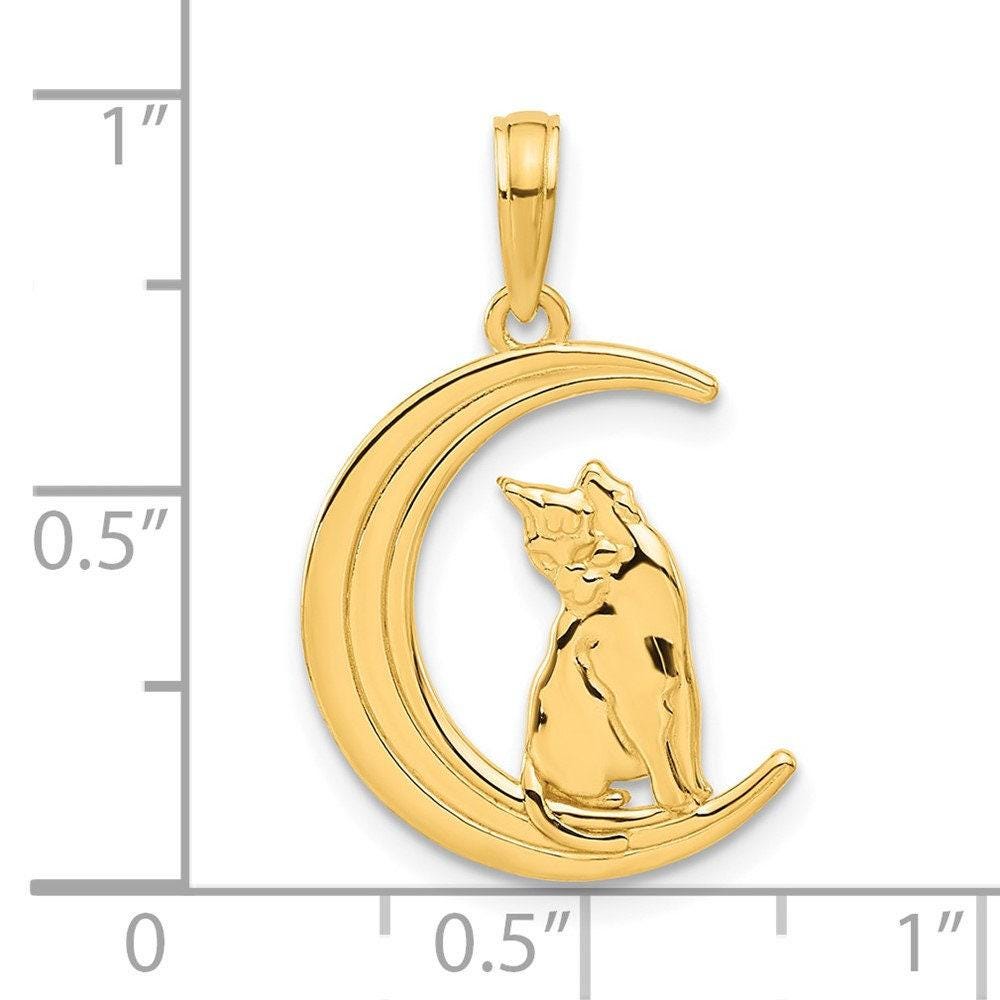 14K Solid Gold Cat on Moon Pendant – Crescent Moon & Cat Charm Necklace ...
