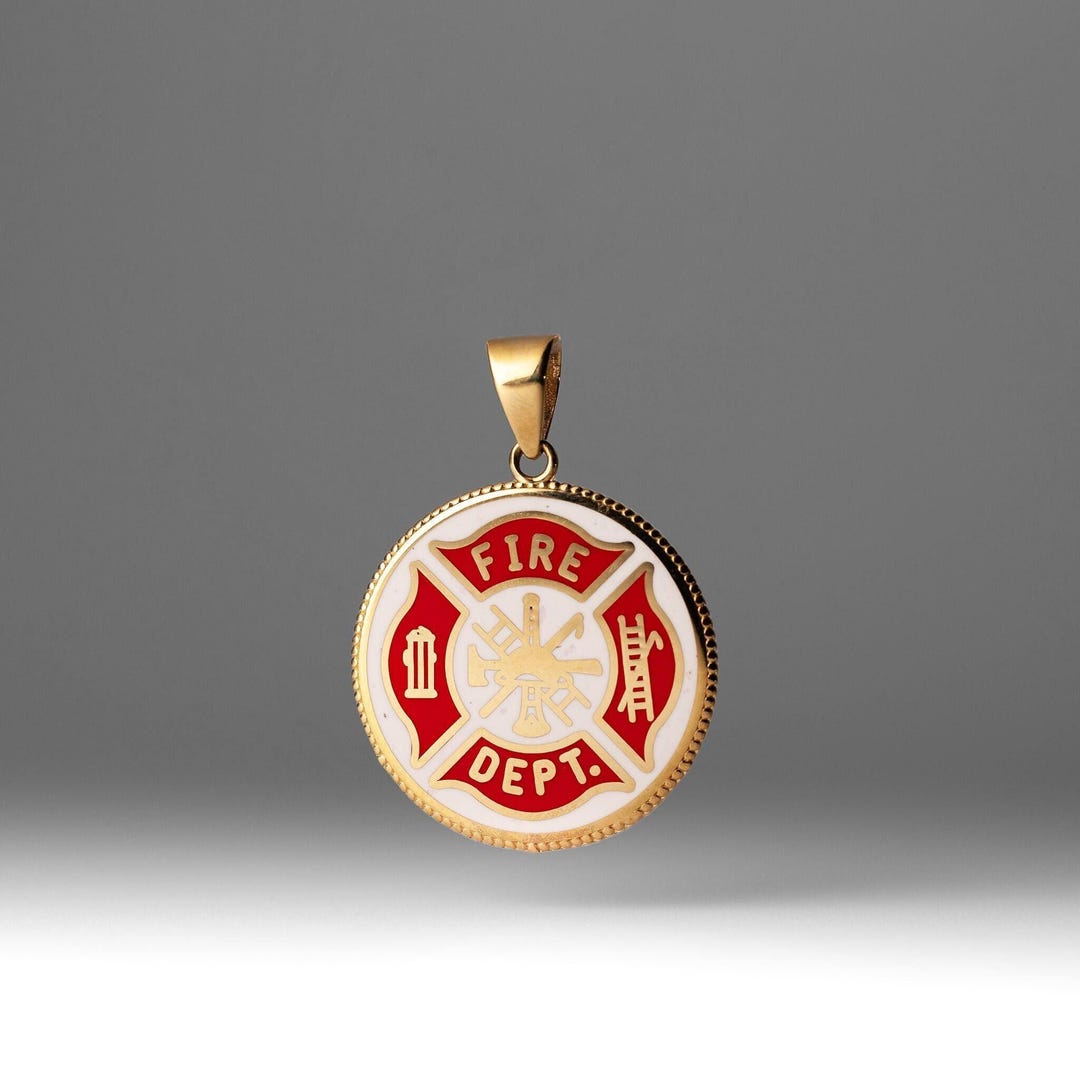14K Gold Firefighter Pendant Necklace: Double-sided Fire Dept. Emblem ...