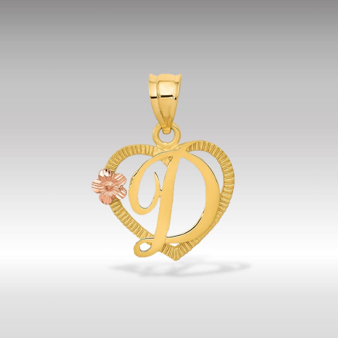 14K Gold Initial 'D' Heart Pendant: Floral Accent Charm - Etsy
