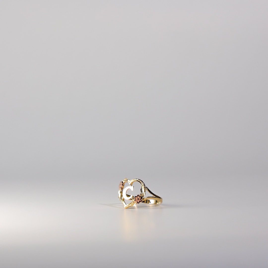 14K Solid Gold Heart Rose c Initial Ring Real 14k Gold Heart and Rose ...