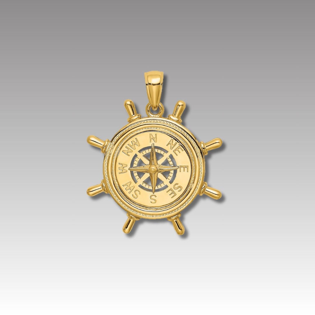 14K Gold Ship's Wheel With Nautical Compass Pendant Charm Real Maritime ...