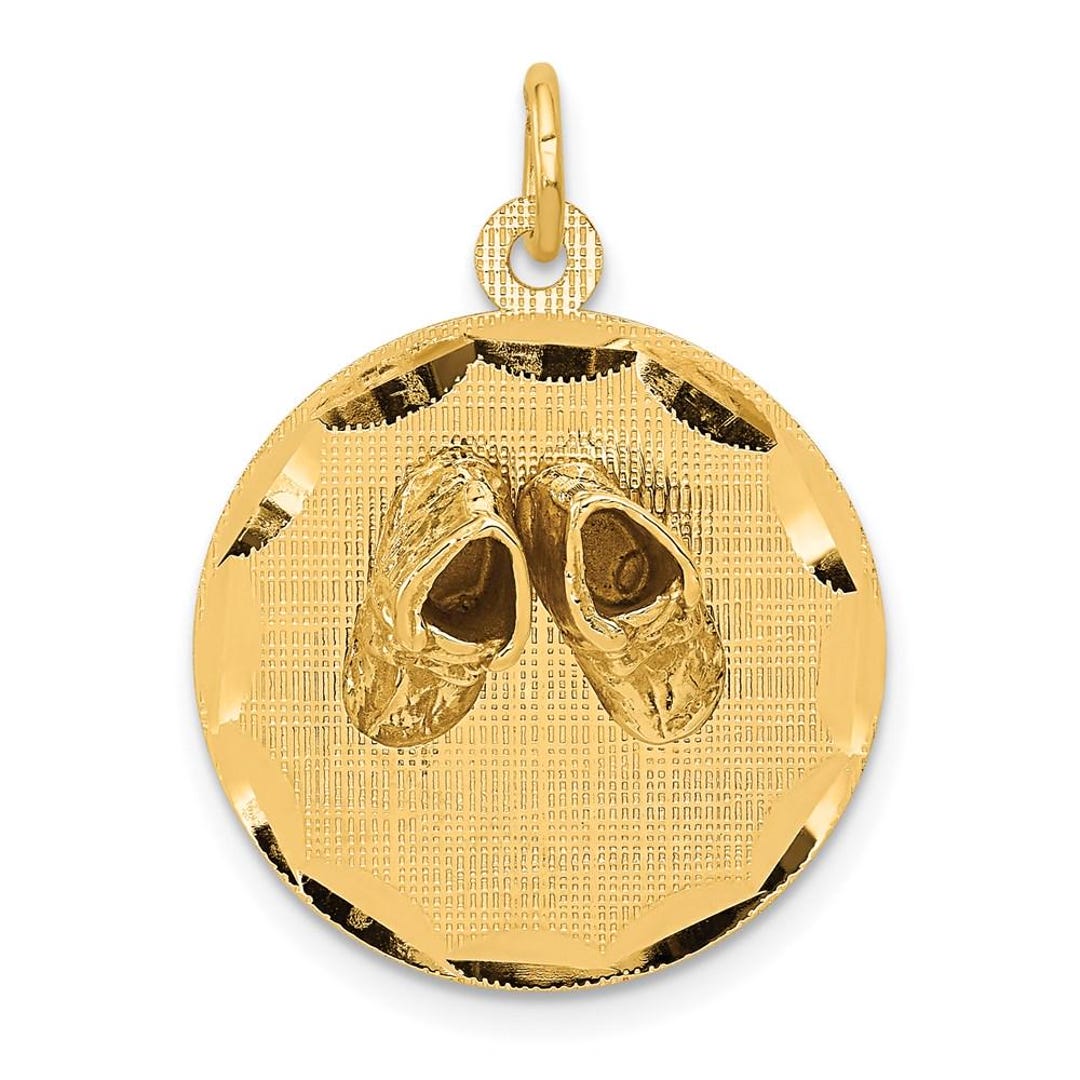 14K Gold Small Solid Engravable Baby Shoes on Disc Charm - Real Gold ...