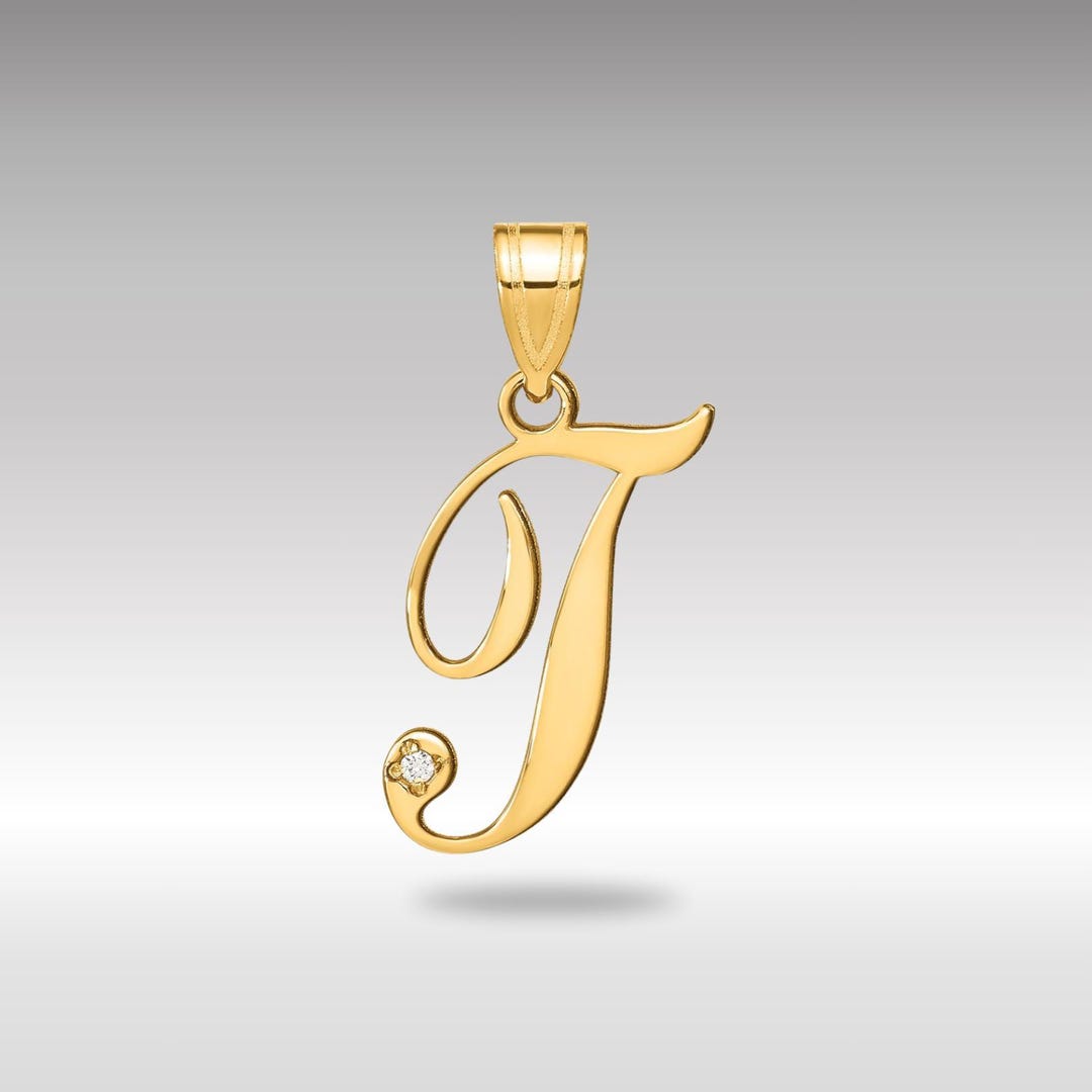 14K Gold Cursive Letter t Initial Pendant With Diamond Diamond Initial ...
