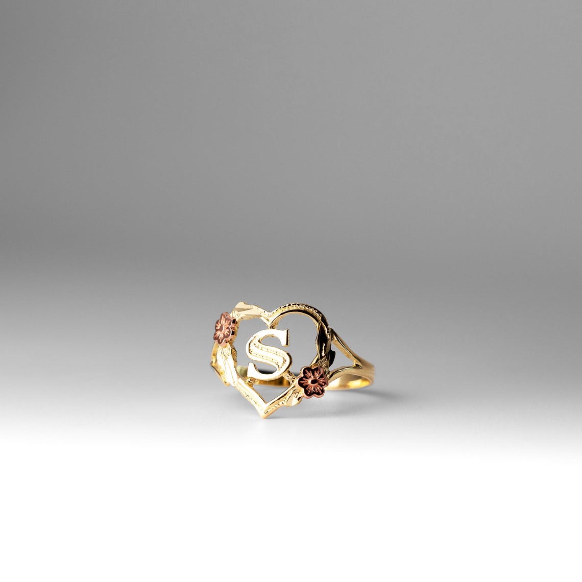 14K Solid Gold Heart Initial Ring - Rose Accent Letter S - Etsy