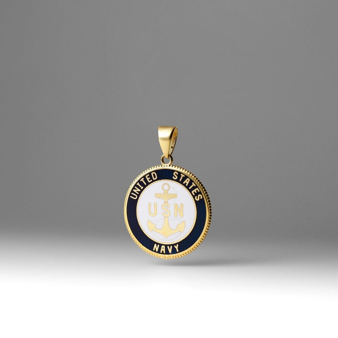 14K Gold US Navy Double Sided Round Pendant With Anchor Design Military ...
