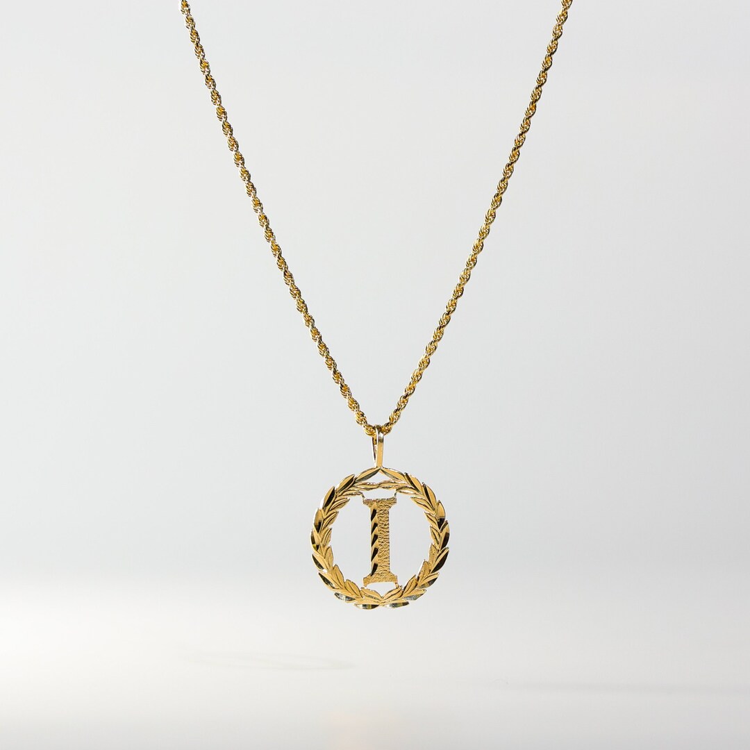 14k Gold i Initial Wreath Pendant Charm Gold I Initial Necklace Charm ...